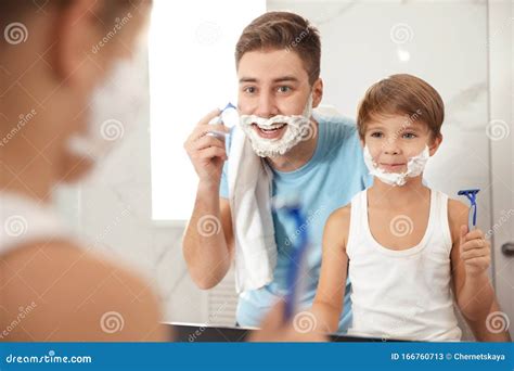 Dad Shaving And Son Imitating Him Stock Image Image Of Hygiene