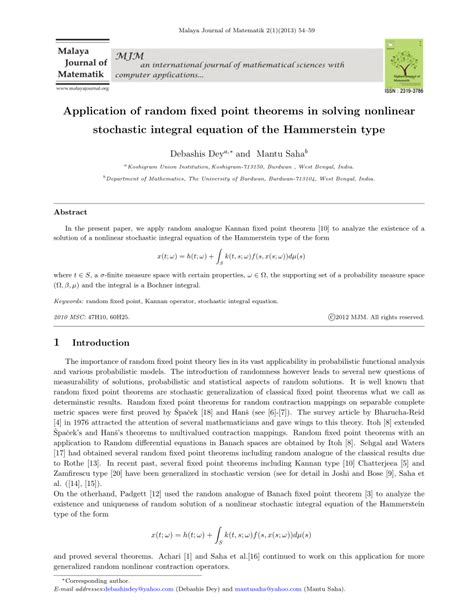 (PDF) Application of random fixed point theorems in solving nonlinear stochastic integral ...