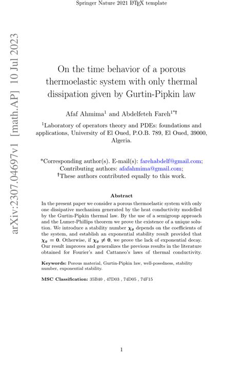 Pdf On The Time Behavior Of A Porous Thermoelastic System With Only