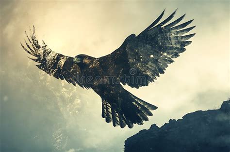 eagle soaring through the clouds double exposure stock illustration