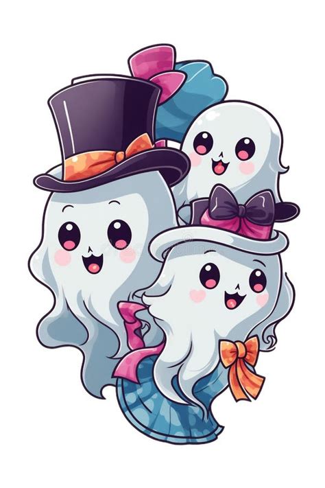 Kawaii Ghosts For Halloween Coloring Page Cartoon Vector Illustration