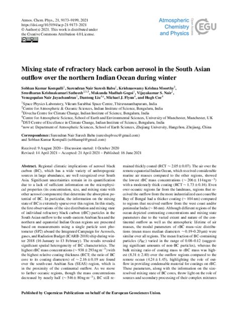 Pdf Mixing State Of Refractory Black Carbon Aerosol In The South Asian Outflow Over The