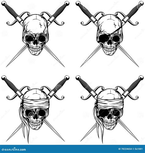 Pirate Skull With Cutlass Set Vector Illustration