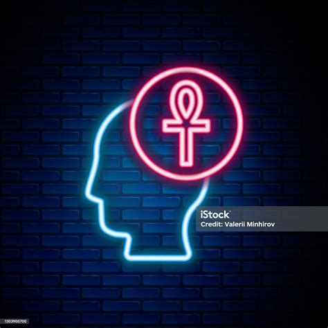 發光霓虹燈線交叉ankh圖示孤立在磚牆背景五顏六色的輪廓概念向量向量圖形及更多t形十字架圖片 T形十字架 中東文化 光 Istock