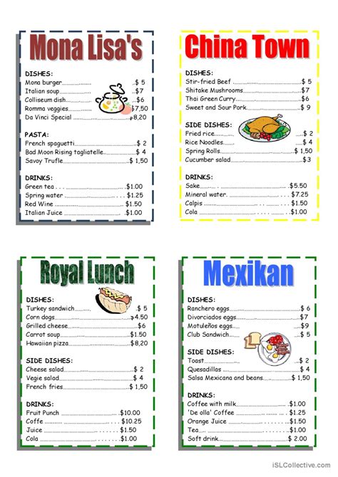 Menu English Esl Worksheets Pdf And Doc