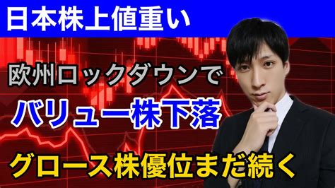【日本株】欧州ロックダウン再導入でバリュー株下落に警戒！！半導体株の急騰続く。グロース株優位変わっていない。【日経平均、topix、マザーズを
