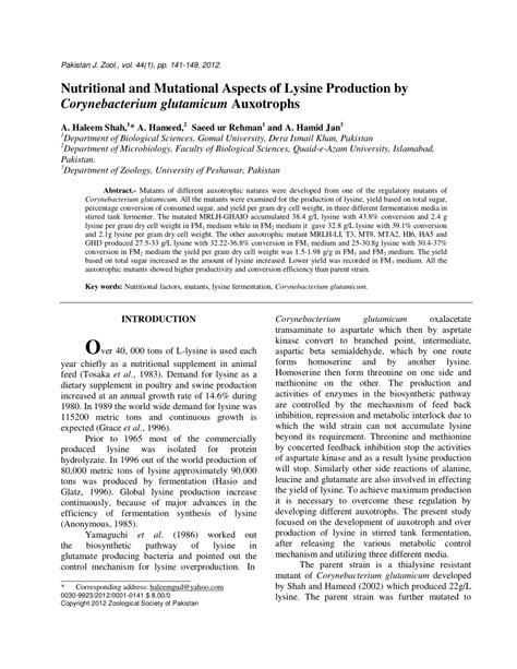 Pdf Nutritional And Mutational Aspects Of Indigenous Lysine Production By Corynebacterium