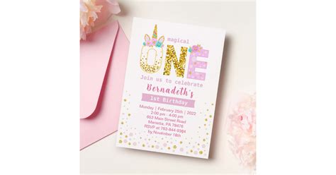 Cute Gold And Pink Confetti Unicorn 1st Birthday Invitation Zazzle
