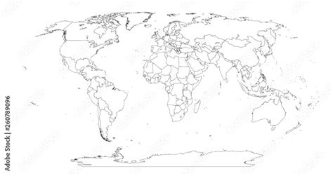 Contour World Map In Robinson Projection On White Background Vector