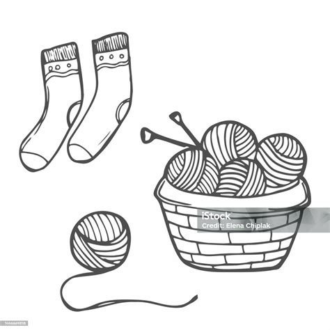 양모 공 원사 뜨개질 바늘 및 니트 양말이 든 바구니 수제 뜨개질 개념 스케치 빈티지 벡터 일러스트 레이 션 고리 세공에 대한 스톡 벡터 아트 및 기타 이미지 Istock