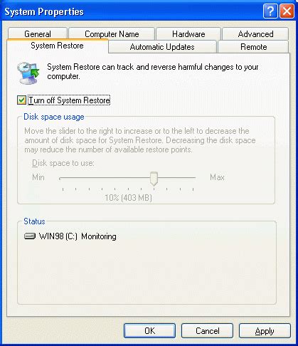 Disabling System Restore