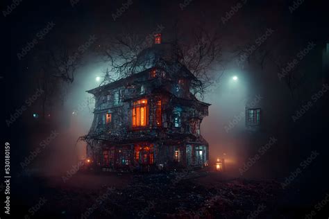 Dark Haunted House With Illuminated Windows At Spooky Misty Dark