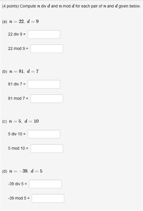 solved 4 ﻿points ﻿compute n ﻿div d ﻿and n ﻿mod d ﻿for each