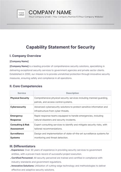 Free Capability Statement For Security Template To Edit Online