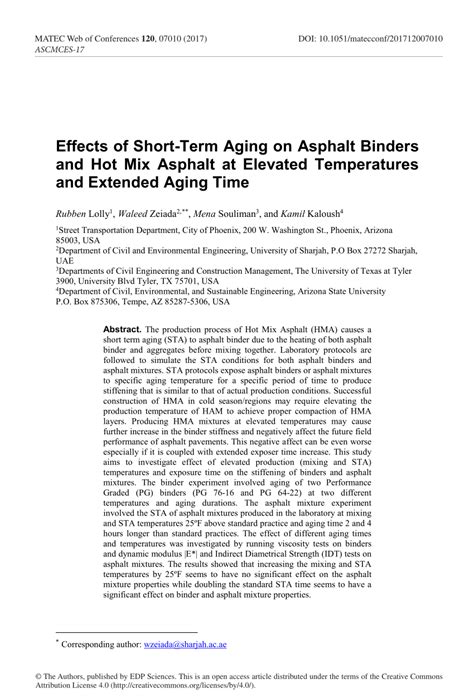 Pdf Effects Of Short Term Aging On Asphalt Binders And Hot Mix