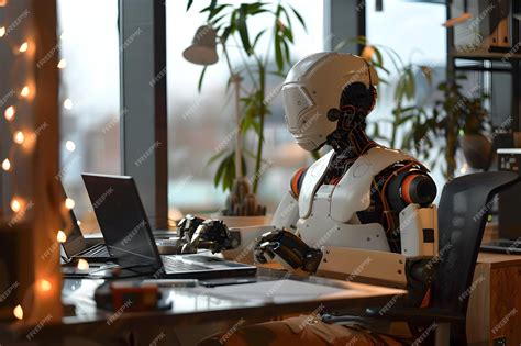 Robotic Programmer Coding Diligently At Futuristic Workspace Premium