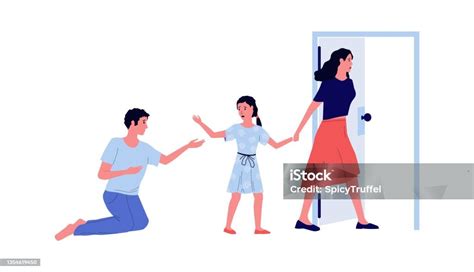 어머니는 가족을 떠나 아이를 데리고 갑니다 부모는 갈등과 이혼 사람들은 의견 차이 우는 딸 엄마와 아빠 싸움 커플 분리 벡터