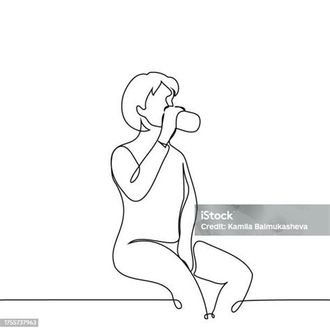 병에서 술을 마시고 앉아 있는 여자 하나의 라인 아트 벡터 갈증 해소 개념 개념에 대한 스톡 벡터 아트 및 기타 이미지 개념