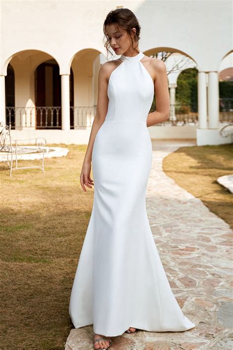 White Mermaid Halter Open Back Wedding Dress High Neck Wedding Dress
