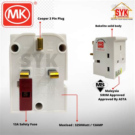 Syk Mk 692 Whi 3 Way 3 Pin Fused Plug Adapter Electrical Socket Kepala