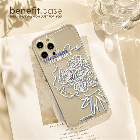 Benefit小众ins风蓝白玫瑰花适用15苹果13promax手机壳iphone12透明法式14promax女11xsmax文艺全包