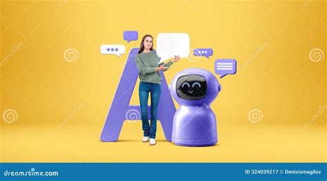 Young Woman Showing Mock Up Speech Bubble Standing Near Smiling Robot