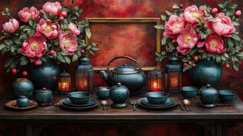 Elegant Table Setting With Teal Dinnerware And Pink Floral Arrangements