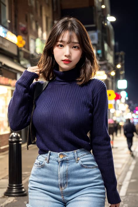 Ai로 생성한 도심 거리에서 보라색 스웨터를 입은 여성 1