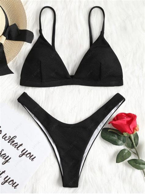 32 Off 2021 Ribbed Texture Thong Bathing Suit In Black Zaful
