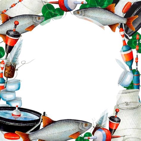 Aquarelle Dessin Cadre Carré De Divers Bobblers De Pêche Seaux De Poisson Feuilles De Trèfle