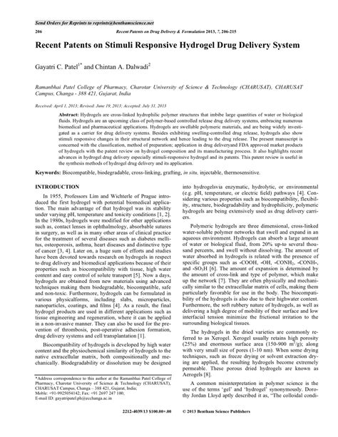 Pdf Recent Patents On Stimuli Responsive Hydrogel Drug Delivery System