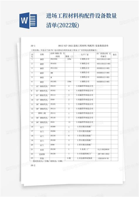 进场工程材料构配件设备数量清单 2022版 Word模板下载 编号qrzndpam 熊猫办公
