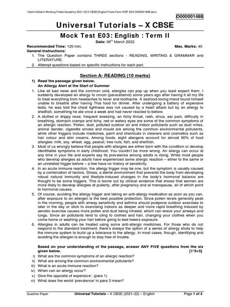 Universal Tutorials X Cbse Mock Test E03 English Term Ii Pdf