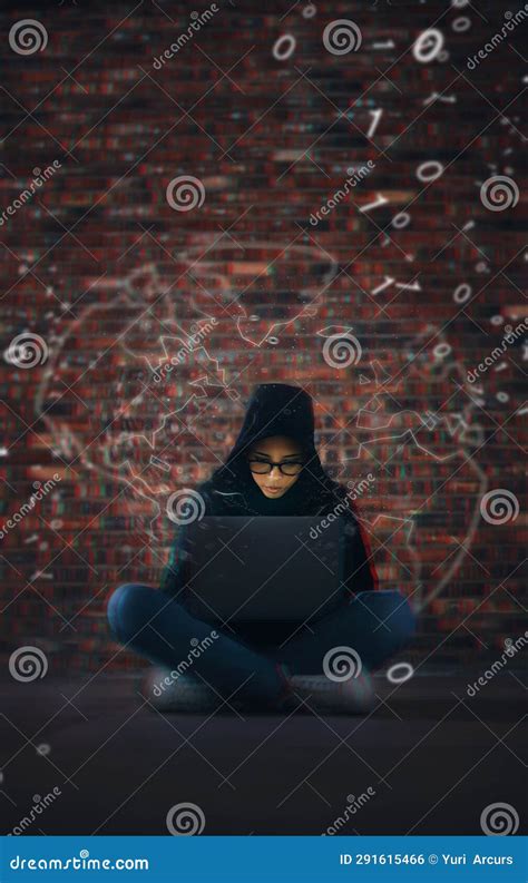 Hacker Coding Overlay And Woman On Laptop In Dark For Cybersecurity Phishing And Crime