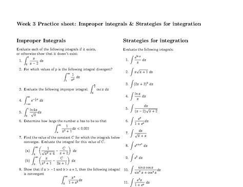 Week 3 Practice Sheet Week 3 Practice Sheet Improper Integrals