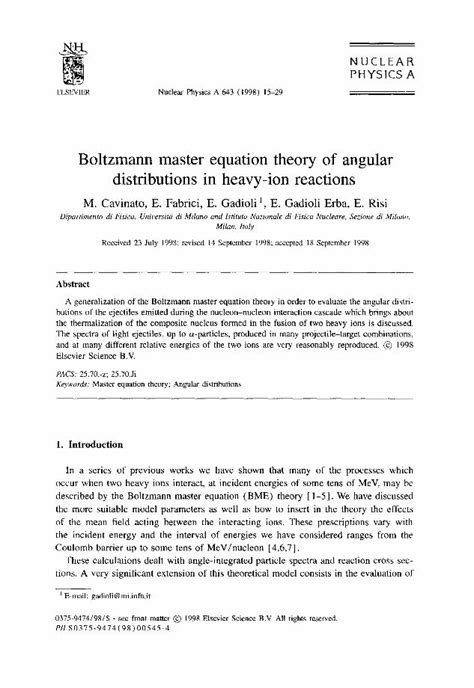 Pdf Boltzmann Master Equation Theory Of Angular Distributions In Heavy Ion Reactions Dokumen