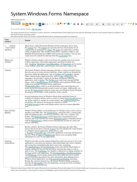 System Windowsforms Namespace Class Category Details Pdf Class