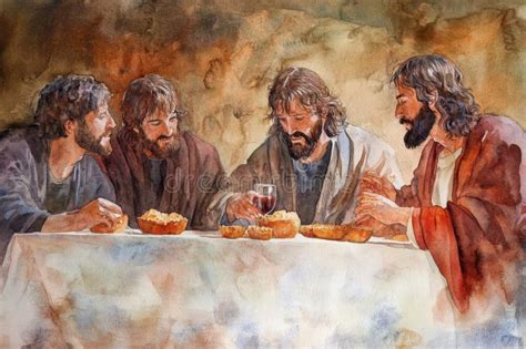 Jesus And His Disciples At The Last Supper Sharing Bread And Wine The
