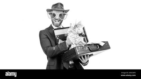 Being Rich Rich Man Isolated On White Happy Showman Hold Suitcase