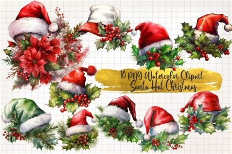 Santa Hat Christmas Watercolor Clipart Graphic By Watercolorarch