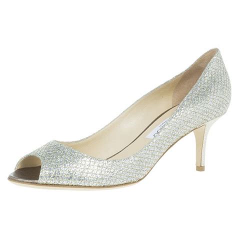 Jimmy Choo Silver Glitter Leather Isabel Peep Toe Pumps Size 395 Jimmy