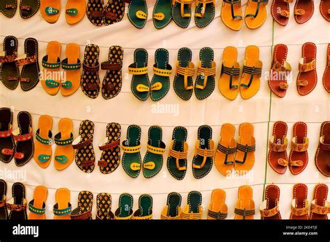 Colorful Handmade Chappals Sandals Being Sold In An Indian Market