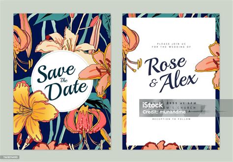Desain Template Kartu Undangan Pernikahan Botani Bunga Lily Yang