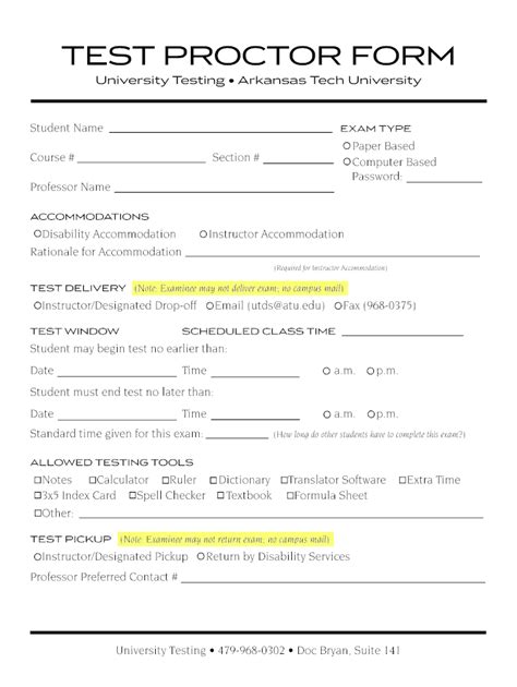 Fillable Online Test Proctor Form Arkansas Tech University Fax Email
