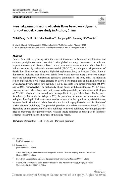 Pure Risk Premium Rating Of Debris Flows Based On A Dynamic Run Out