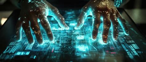 Hands Interacting With Glowing Digital Interface Premium Ai Generated
