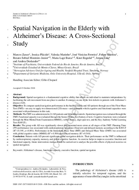 Spatial Navigation In The Elderly With Alzheimer S Disease A Cross