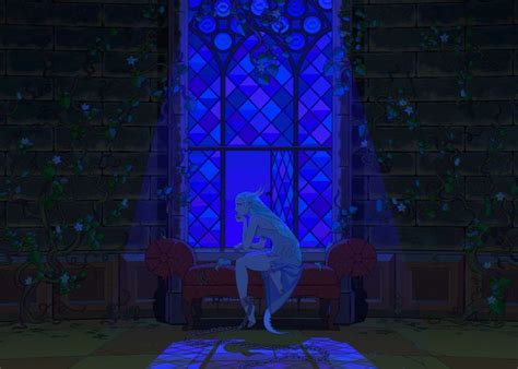 A Woman Sitting On A Bench In Front Of A Stained Glass Window With Blue Light