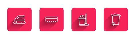 청소용 라인 브러시 스폰지 걸레 및 양동이와 긴 그림자가 있는 쓰레기통을 설정합니다 빨간색 사각형 버튼입니다 벡터 가사 집안일에 대한 스톡 벡터 아트 및 기타 이미지