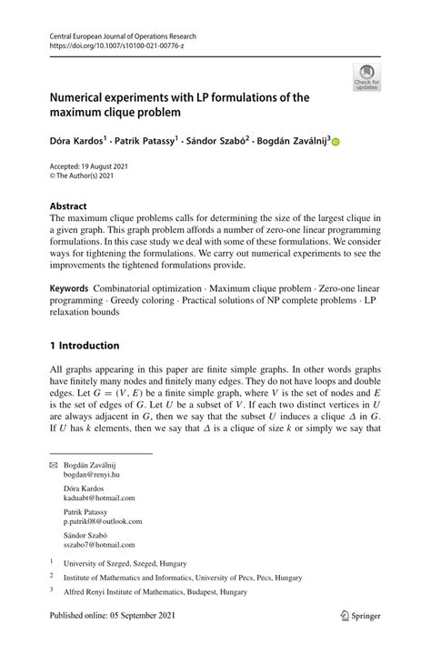 Pdf Numerical Experiments With Lp Formulations Of The Maximum Clique